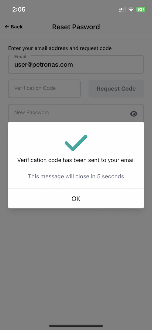 Enter the verification code and your new password and tap "Reset Password"